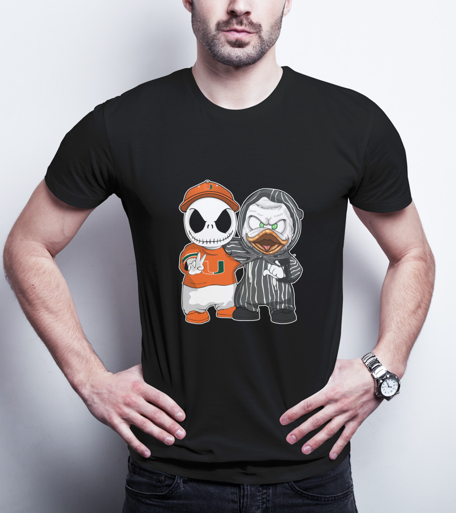 Miami Hurricanes Jack Skellington Oregon Ducks Crossover T-Shirt