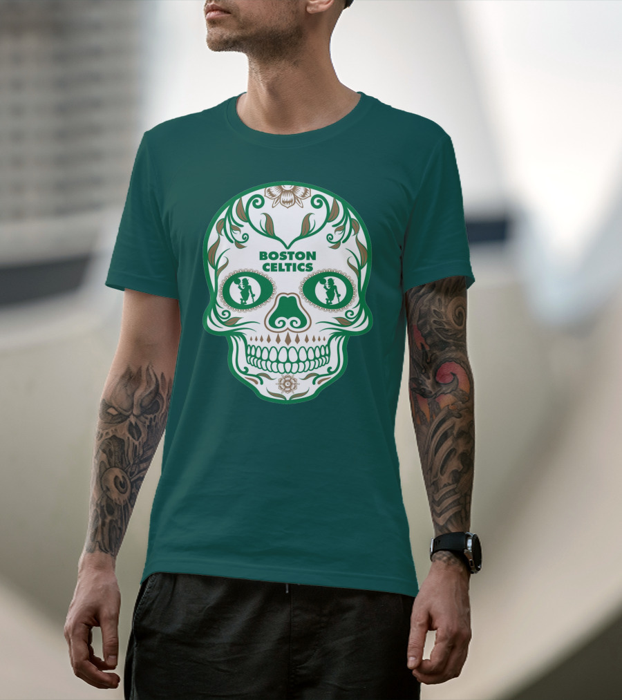 Boston Celtics Skull With Celtic Symbols And Basketball Mascot T-Shirt