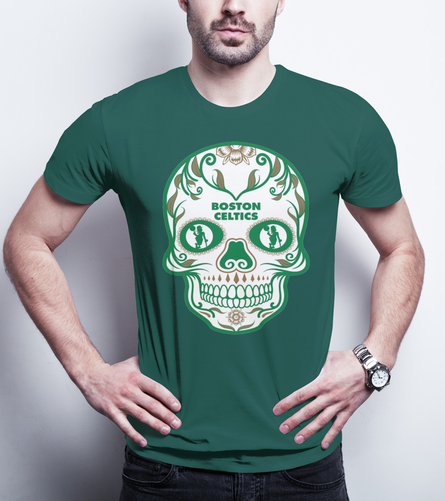 Boston Celtics Skull With Celtic Symbols And Basketball Mascot T-Shirt