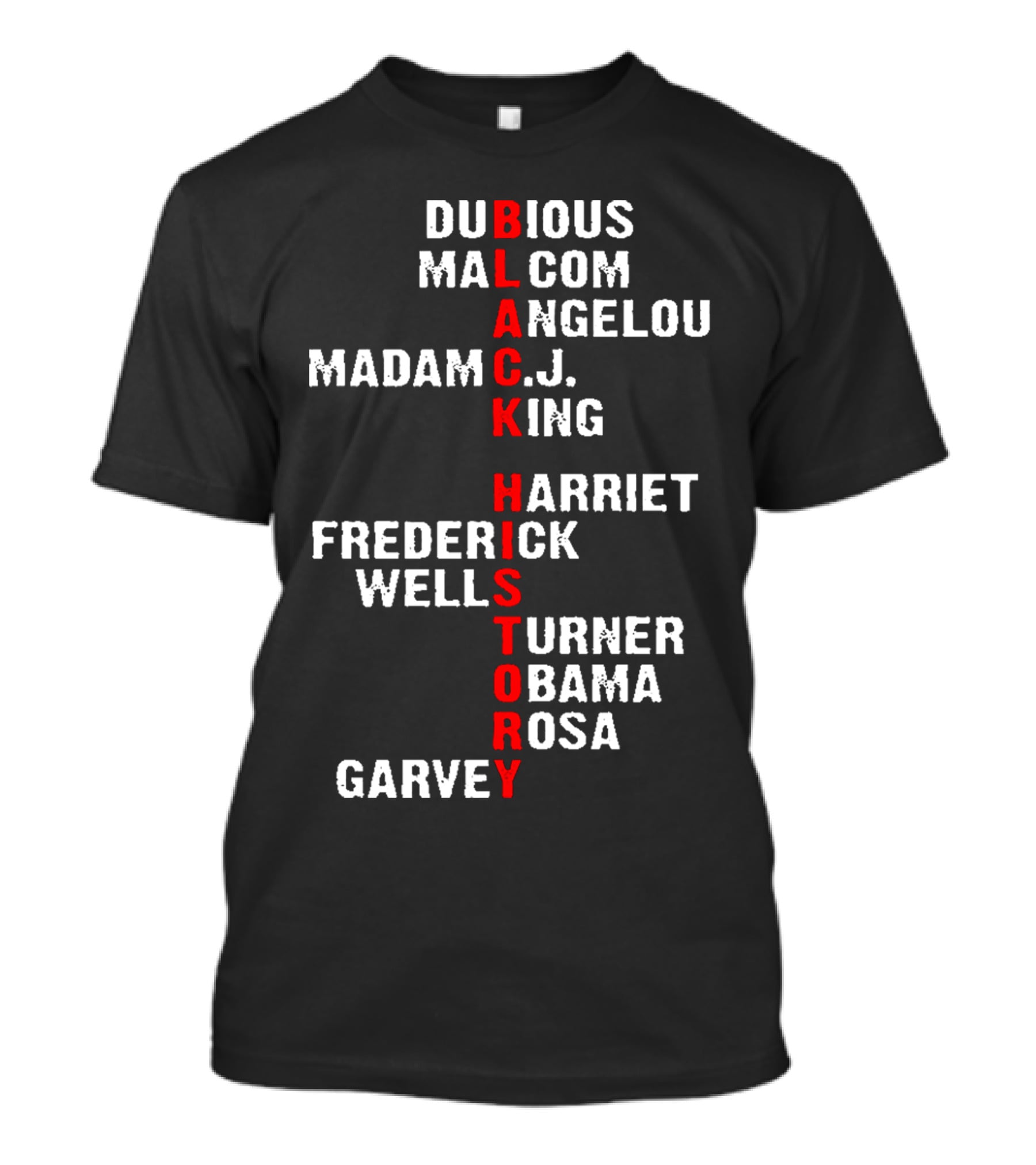 Black History Dubious Malcom Angelou Madam C.J. King Harriet Frederick Wells Turner Obama Rosa Garvey T-Shirt