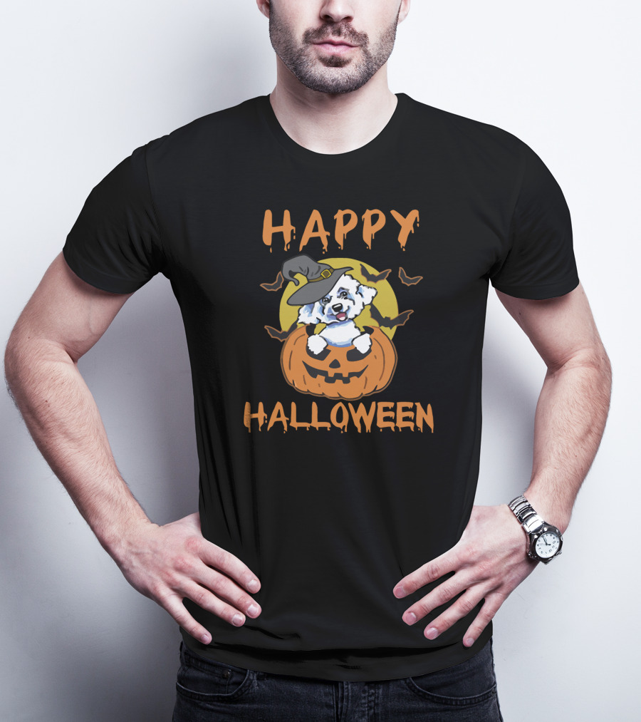 Happy Halloween Bichon Frise Pumpkin Witch Hat T-Shirt