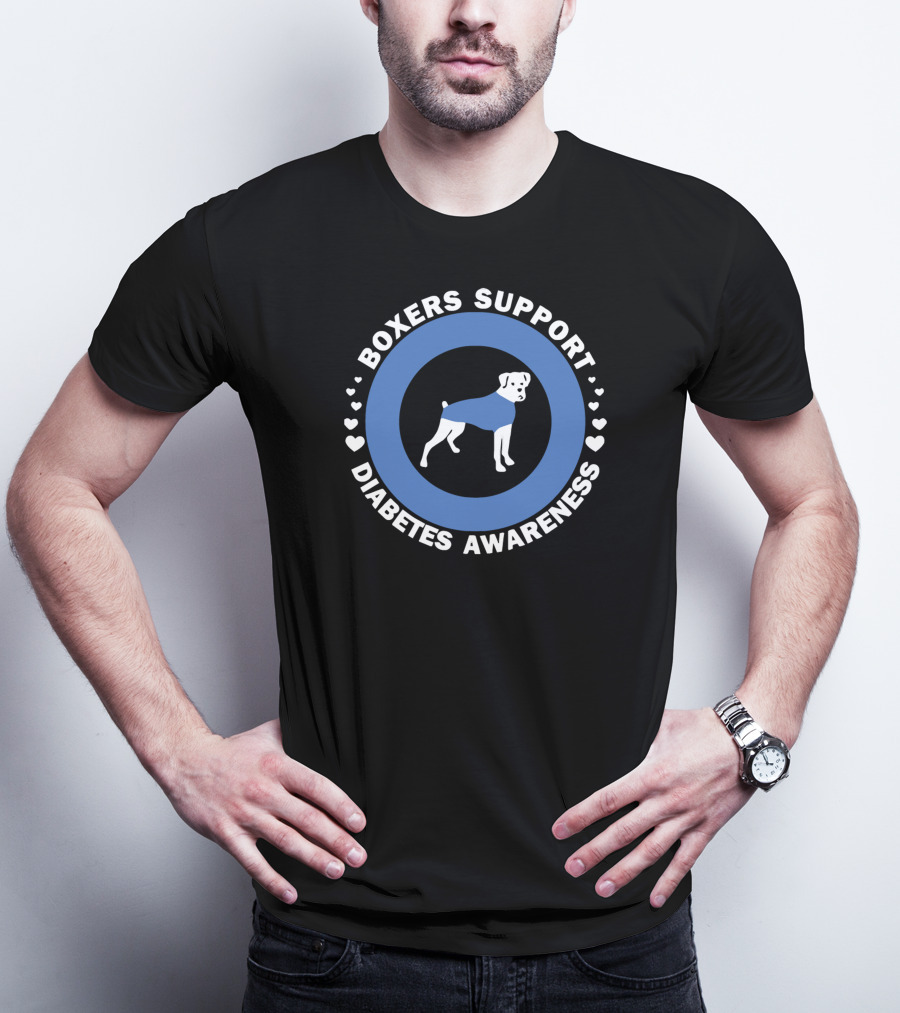 Boxers Support Diabetes Awareness With Heart Symbols And Boxer In Blue Circle T-Shirt