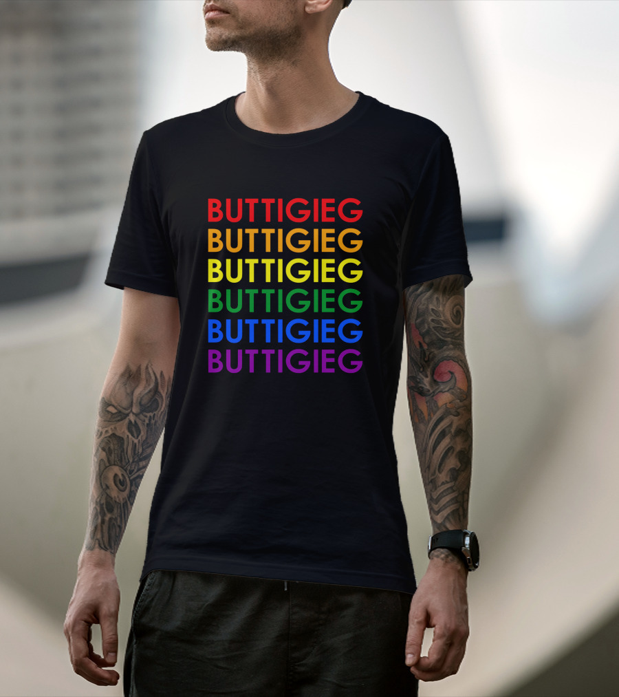 BUTTIGIEG Rainbow Pride Colors Text T-Shirt