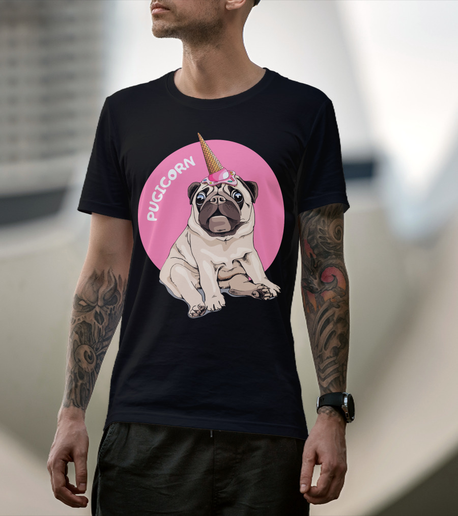 Pugicorn Ice Cream Cone Hat Sitting Pug Pink Circle T-Shirt