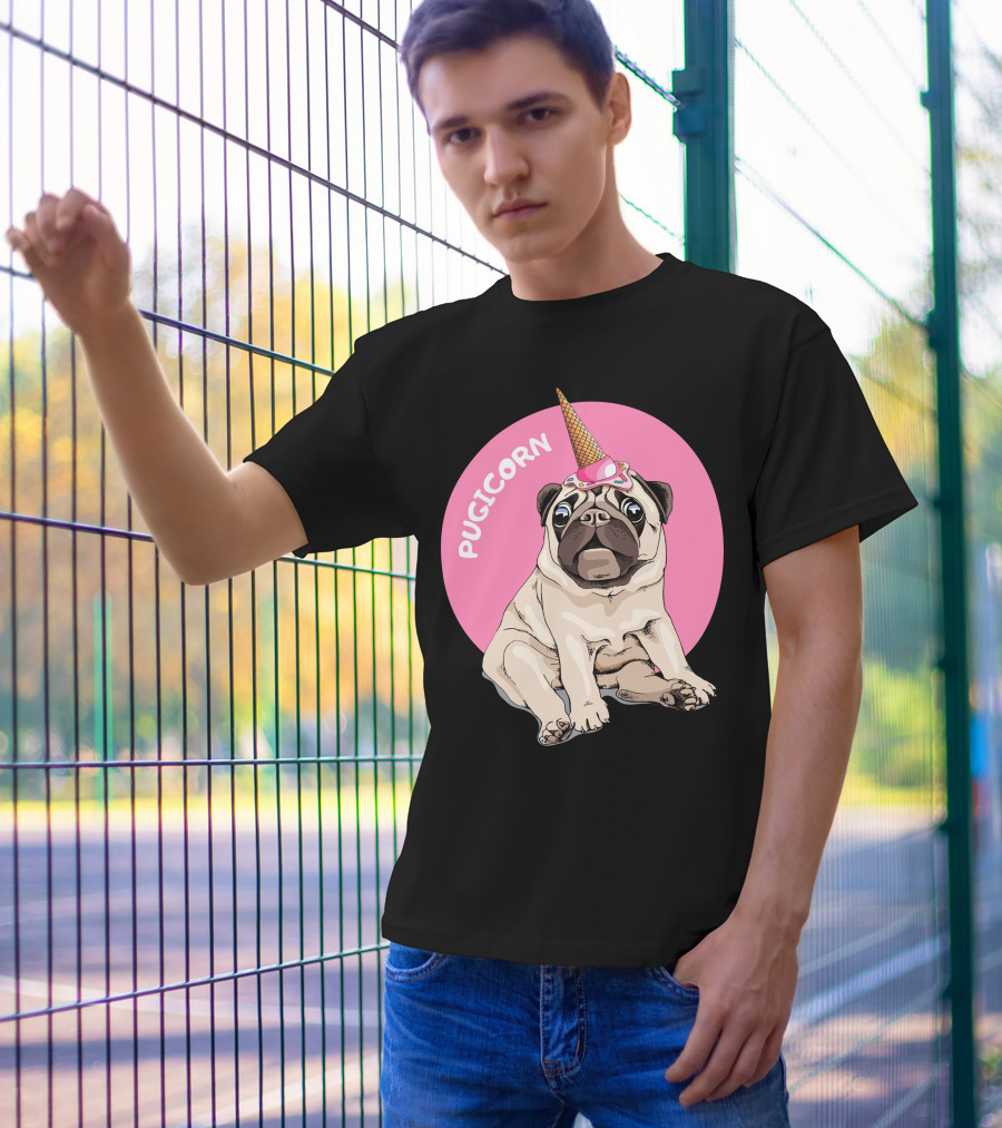 Pugicorn Ice Cream Cone Hat Sitting Pug Pink Circle T-Shirt