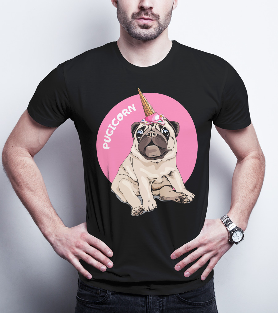 Pugicorn Ice Cream Cone Hat Sitting Pug Pink Circle T-Shirt
