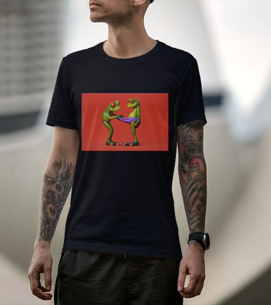 Quite Frog Green Figurines On Red Background With Purple Shorts T-Shirt
