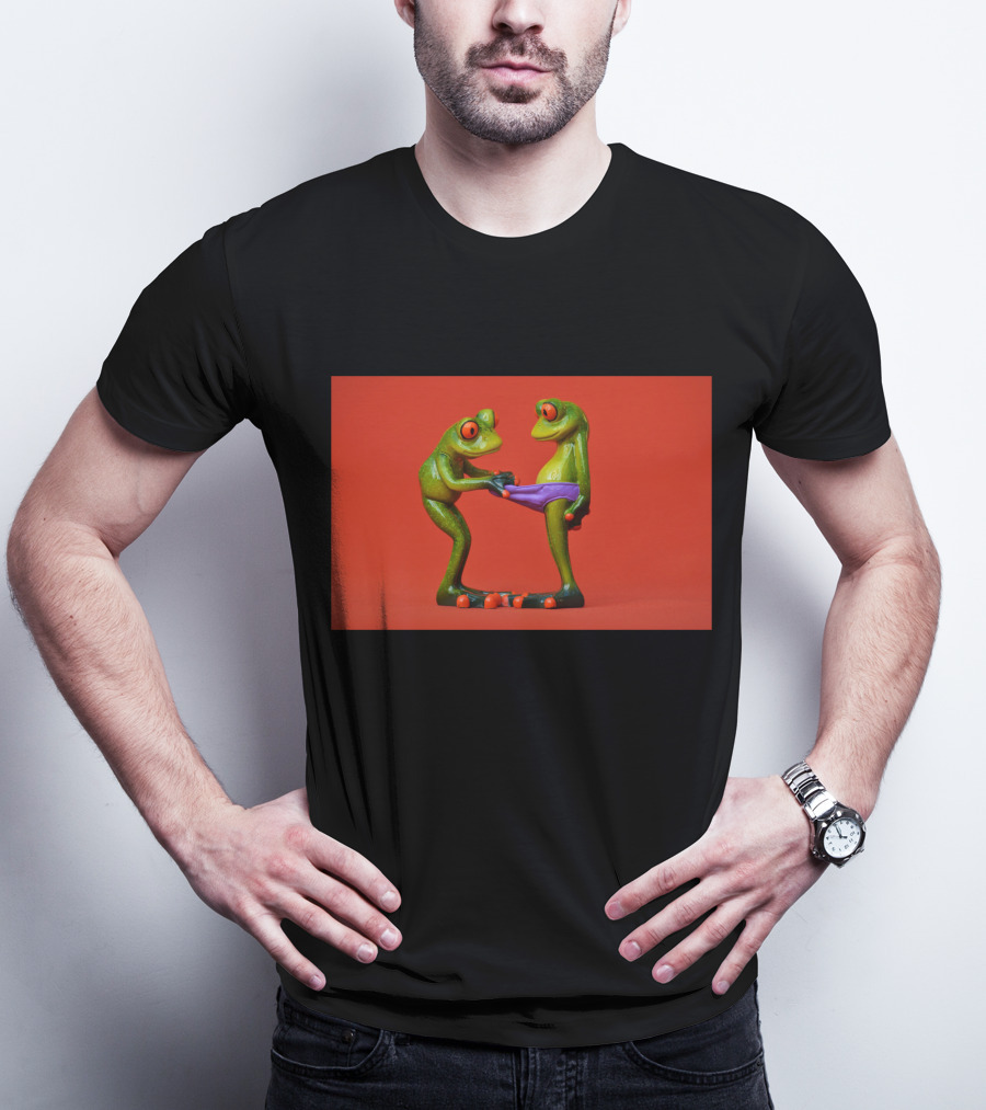 Quite Frog Green Figurines On Red Background With Purple Shorts T-Shirt