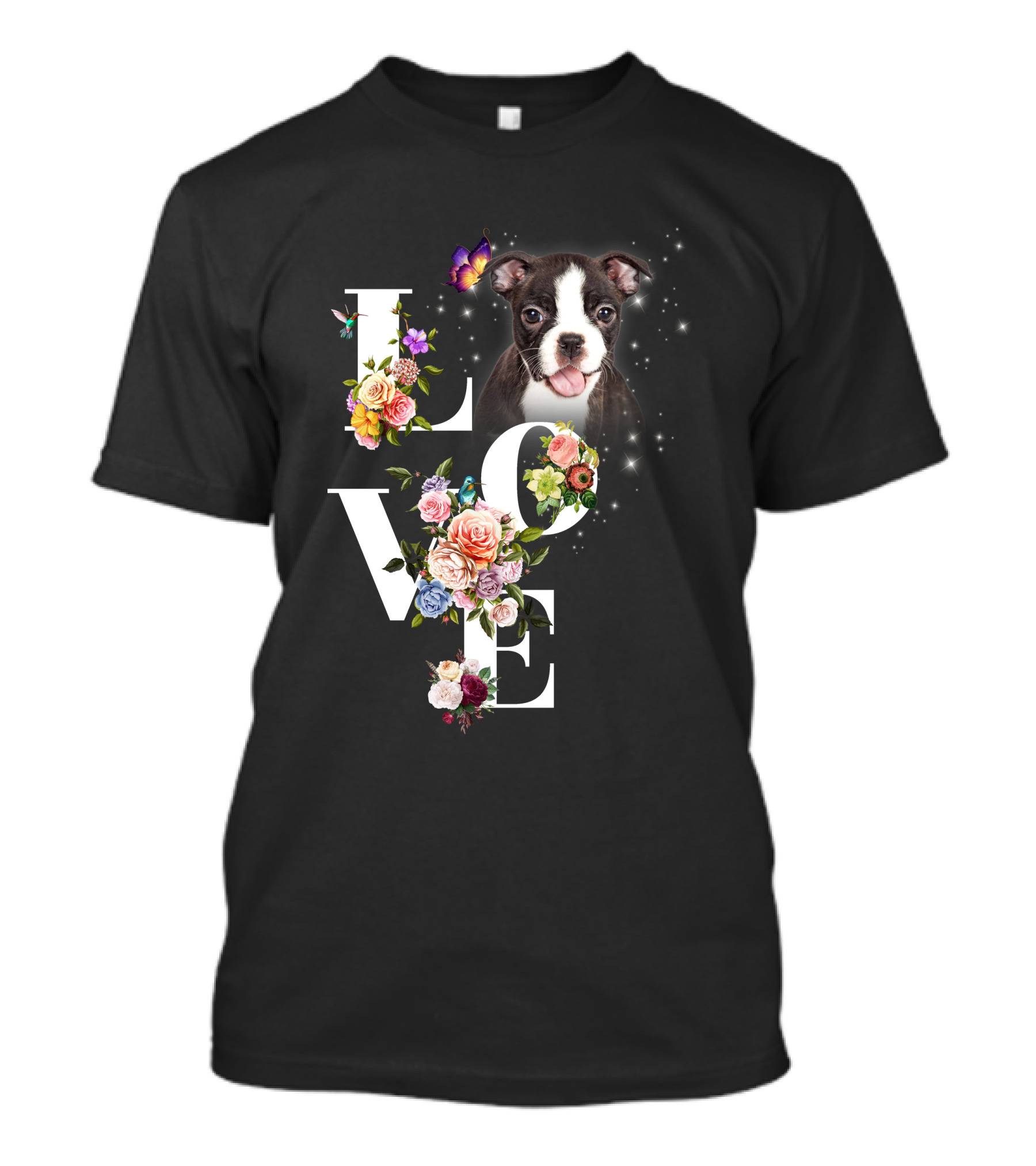LOVE Boston Terrier Floral Butterfly T-Shirt