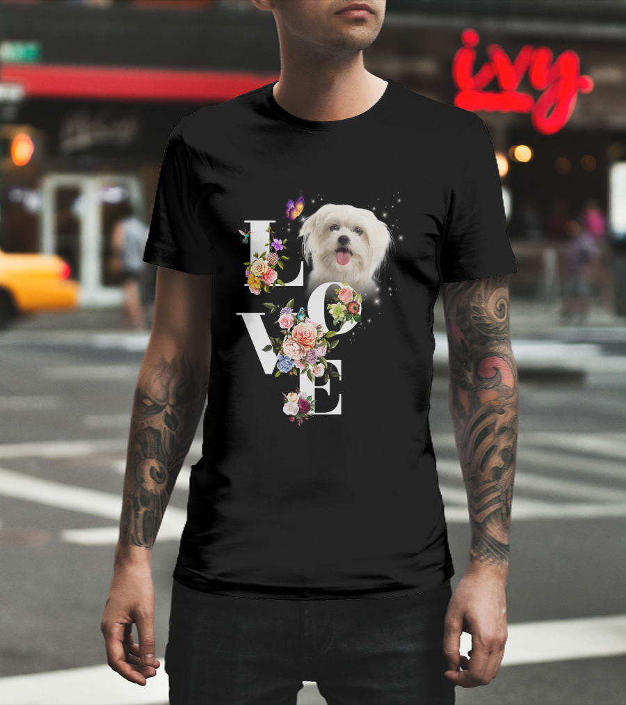 LOVE Maltese Dog Floral Butterfly T-Shirt