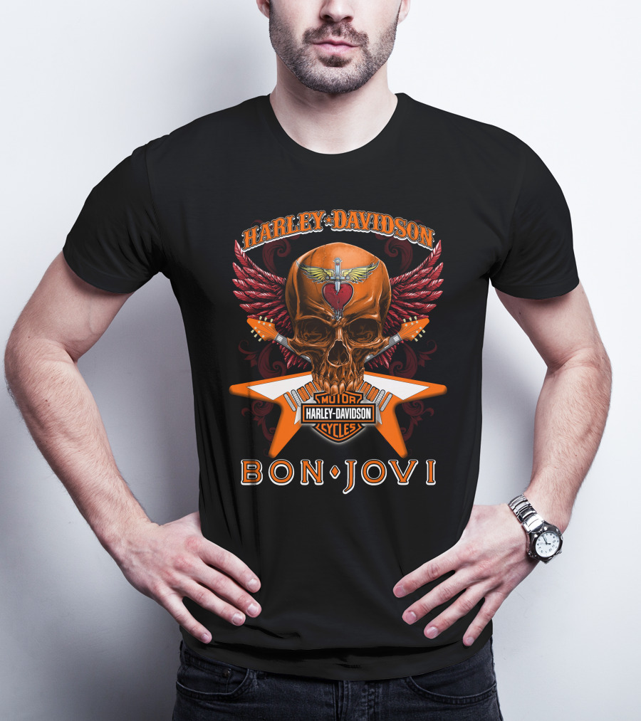 Harley Davidson Bon Jovi Skull Wings Guitar Cycles T-Shirt