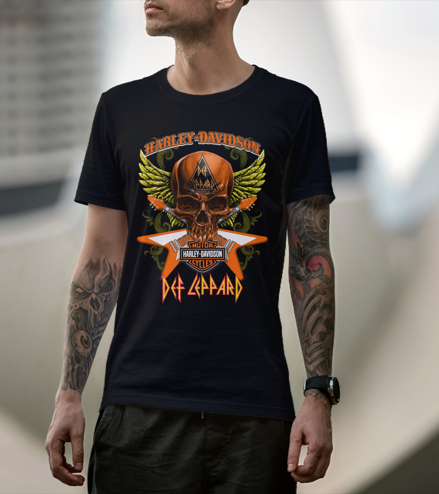 Harley Davidson Motorcycles Def Leppard Skull Wings Guitar T-Shirt