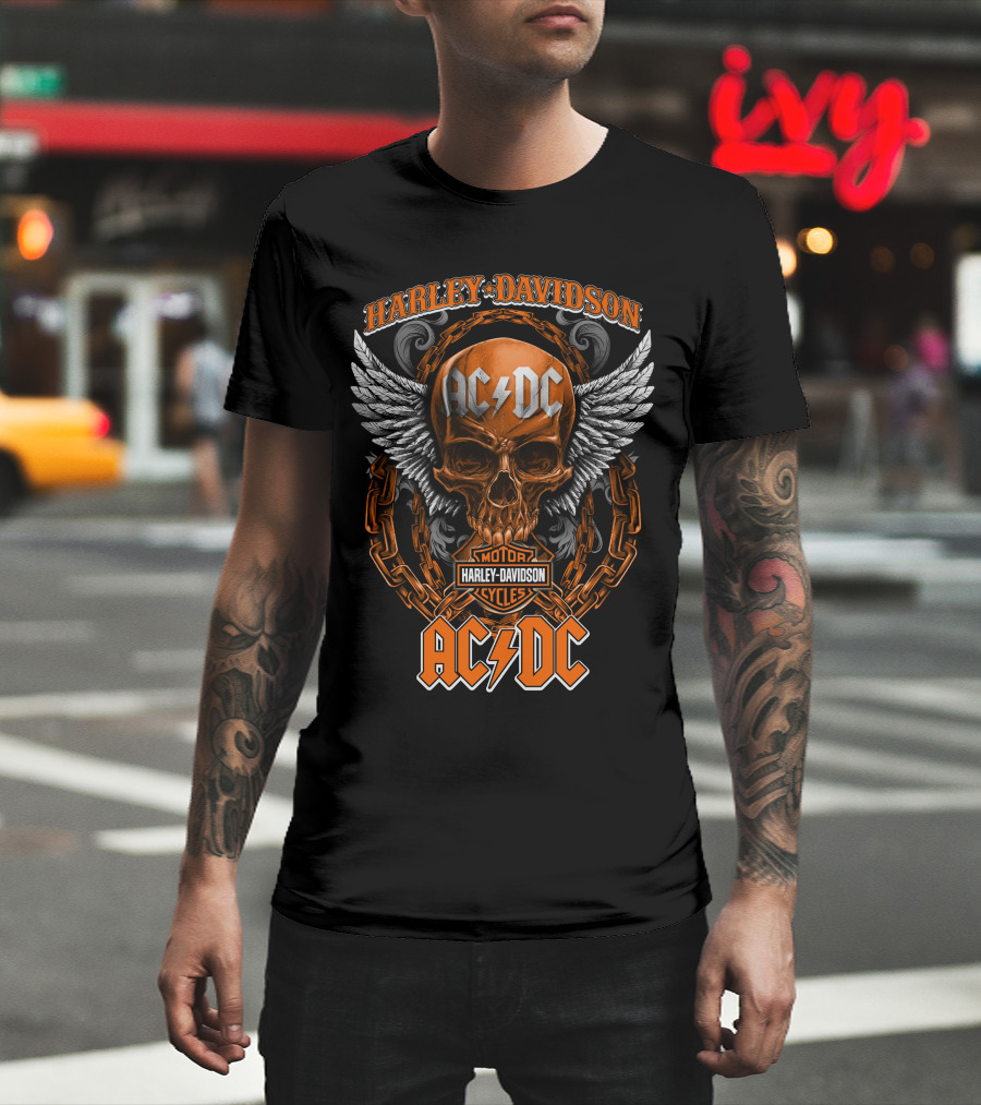 Harley Davidson Acdc Skull With Chains And Wings T-Shirt