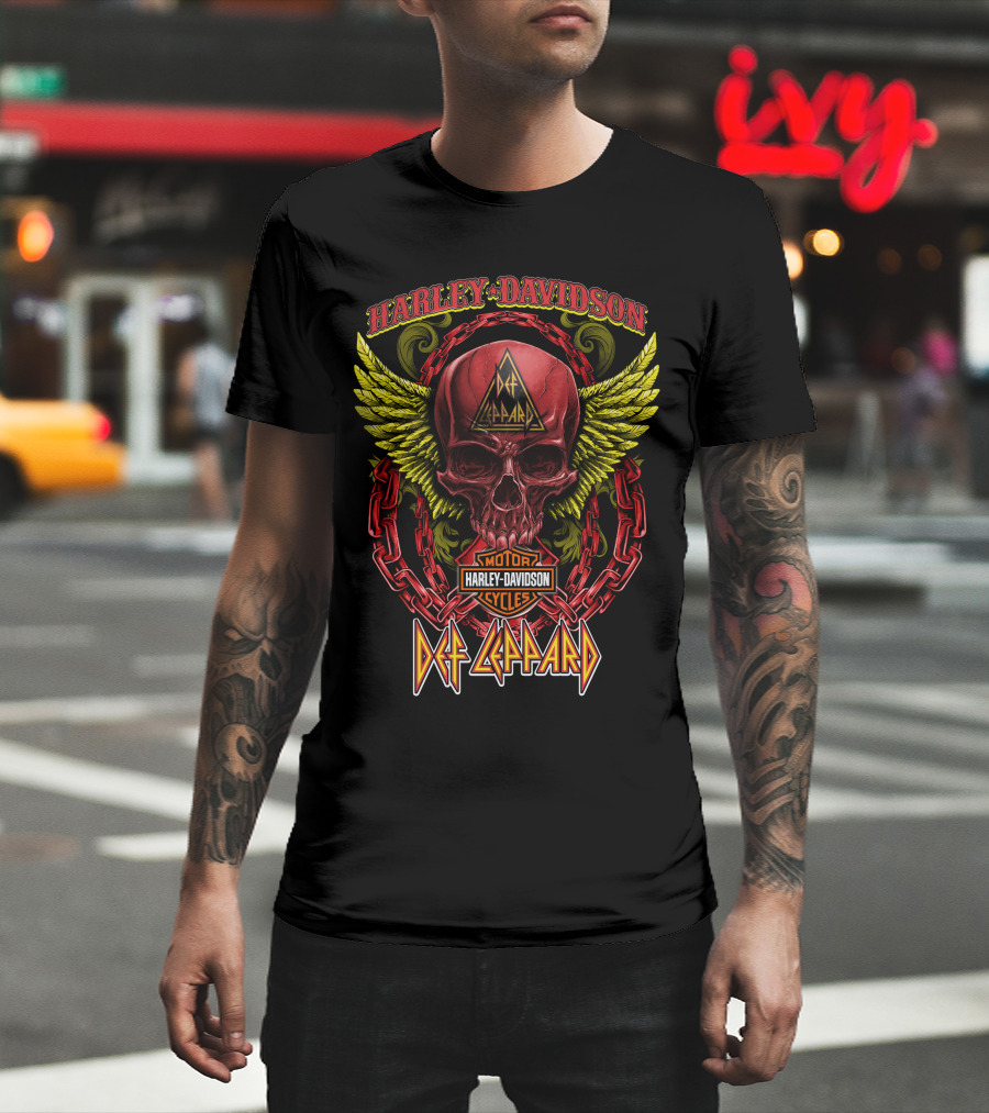 Harley Davidson Def Leppard Skull With Chains And Wings T-Shirt