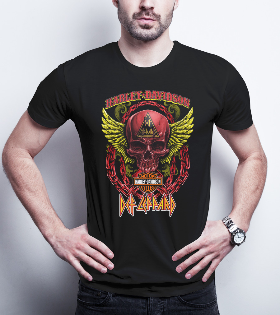 Harley Davidson Def Leppard Skull With Chains And Wings T-Shirt
