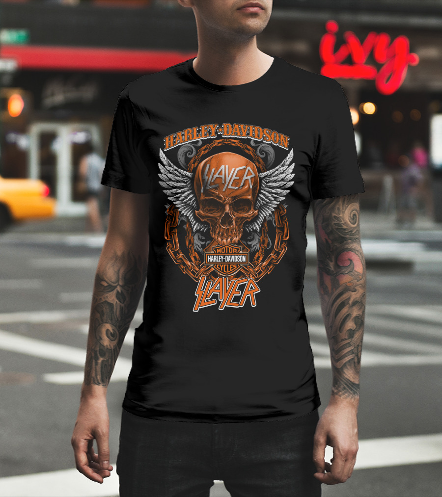 Harley Davidson Slayer Motor Cycles Skull Wings Chains T-Shirt