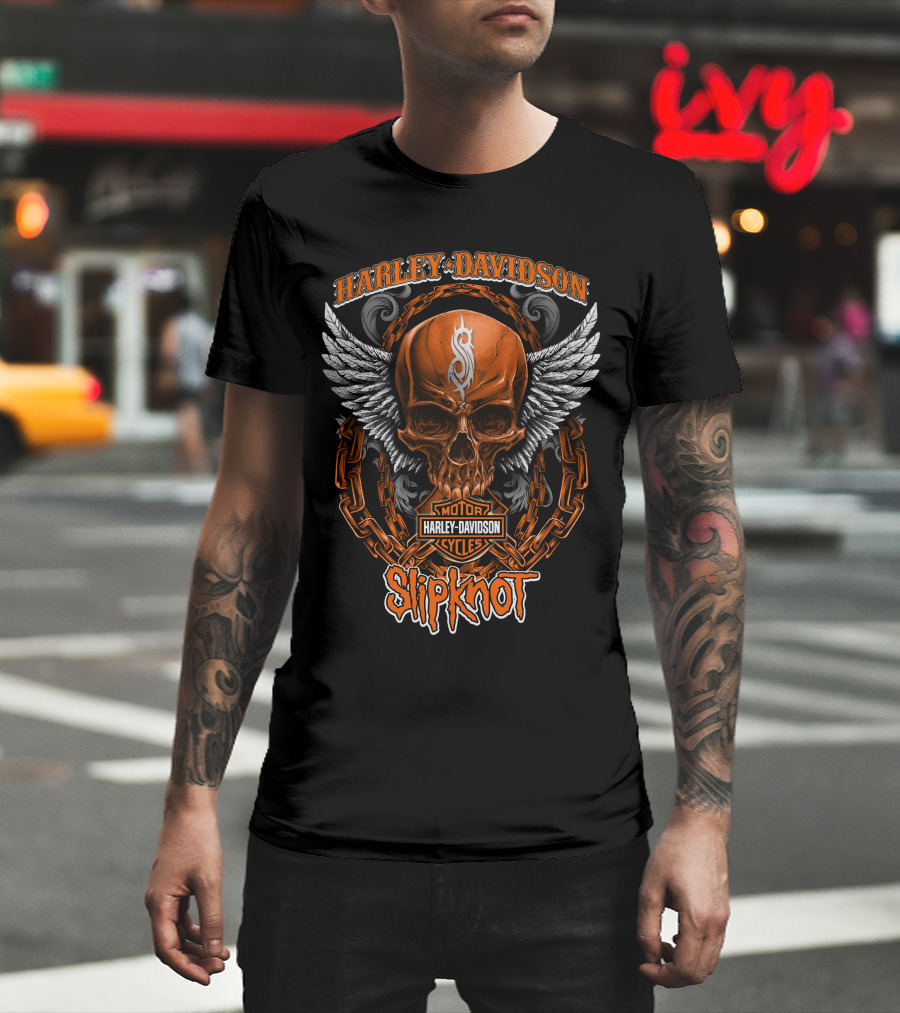 Harley Davidson Skull Wings Chains Slipknot Collaboration T-Shirt