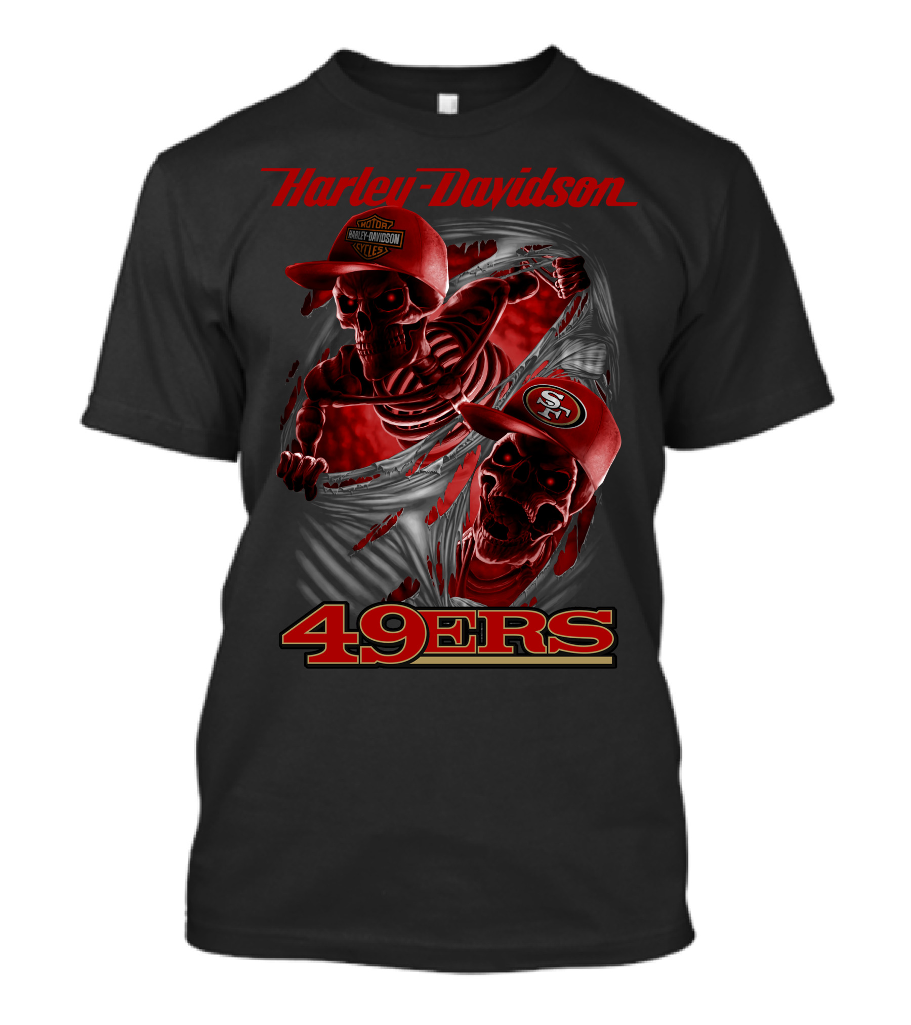 Harley Davidson 49ers Skeletons With San Francisco 49ers Caps T-Shirt
