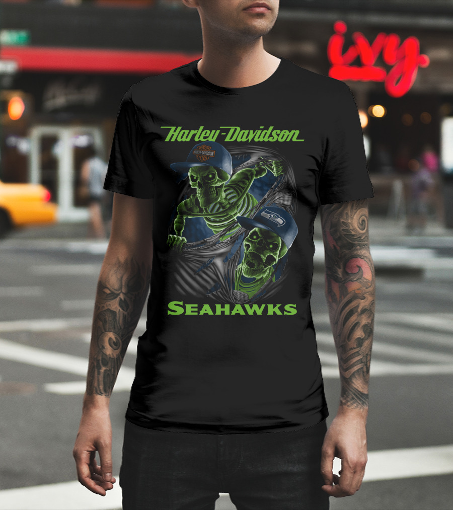 Harley Davidson Seahawks Skeletons In Caps T-Shirt