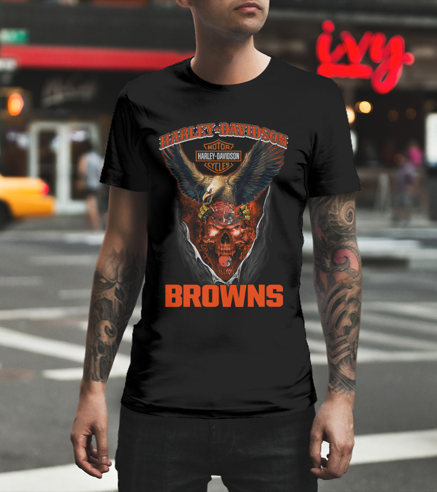 Harley Davidson Cleveland Browns Eagle Skulls Cycles T-Shirt