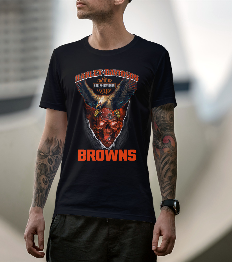 Harley Davidson Cleveland Browns Eagle Skulls Cycles T-Shirt