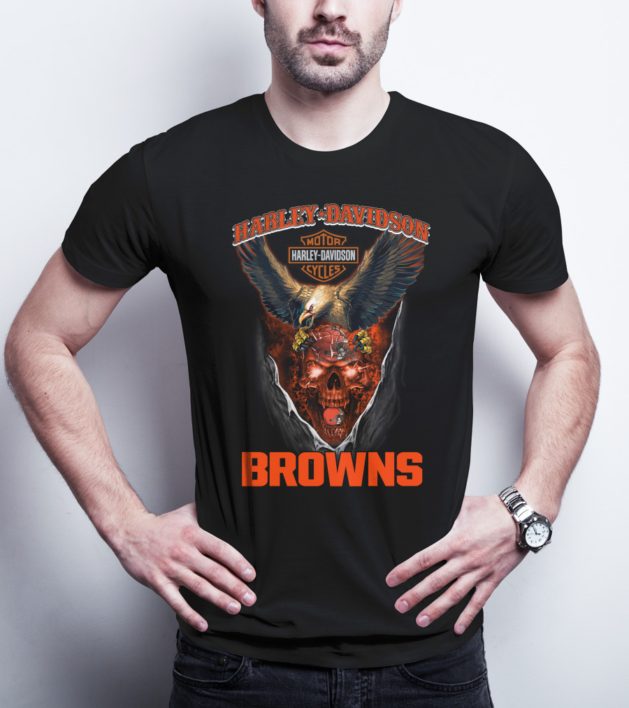 Harley Davidson Cleveland Browns Eagle Skulls Cycles T-Shirt