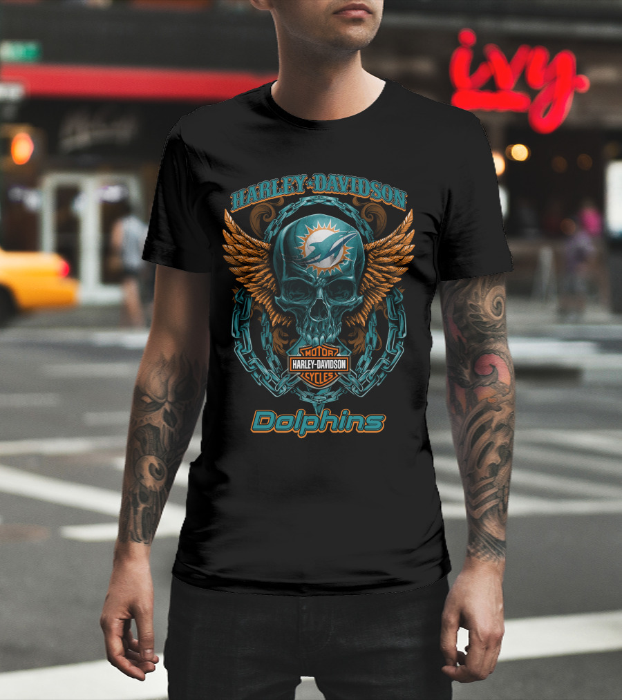 Harley Davidson Miami Dolphins Motorcycles Skull T-Shirt