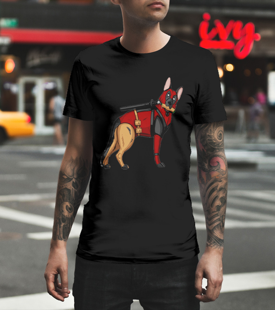 German Shepherd In Deadpool Costume With Sword And Bone T-Shirt
