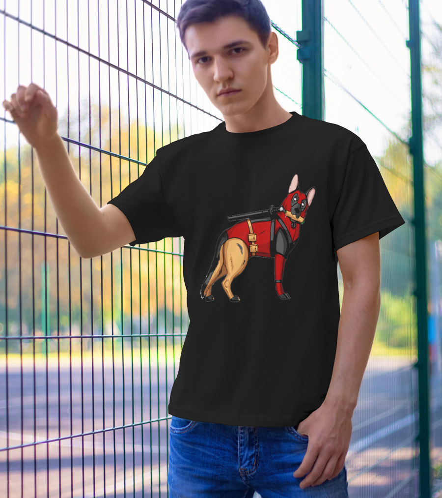 German Shepherd In Deadpool Costume With Sword And Bone T-Shirt
