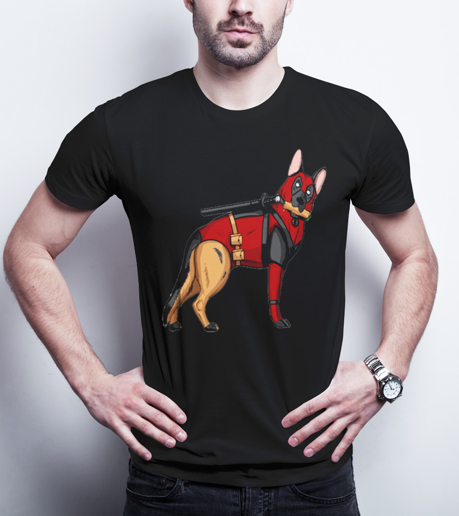 German Shepherd In Deadpool Costume With Sword And Bone T-Shirt