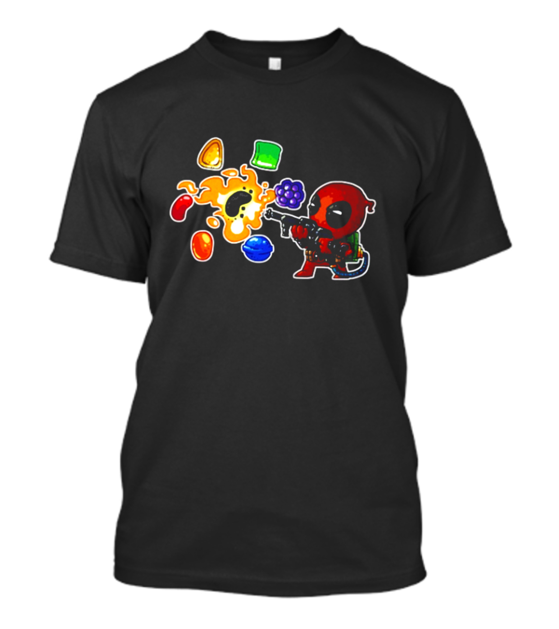 Deadpool Candy Explosion With Shooting Gun And Colorful Sweets T-Shirt