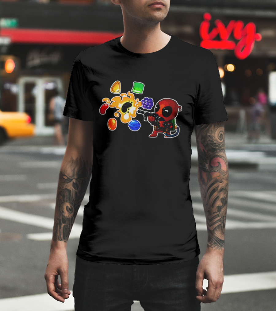 Deadpool Candy Explosion With Shooting Gun And Colorful Sweets T-Shirt