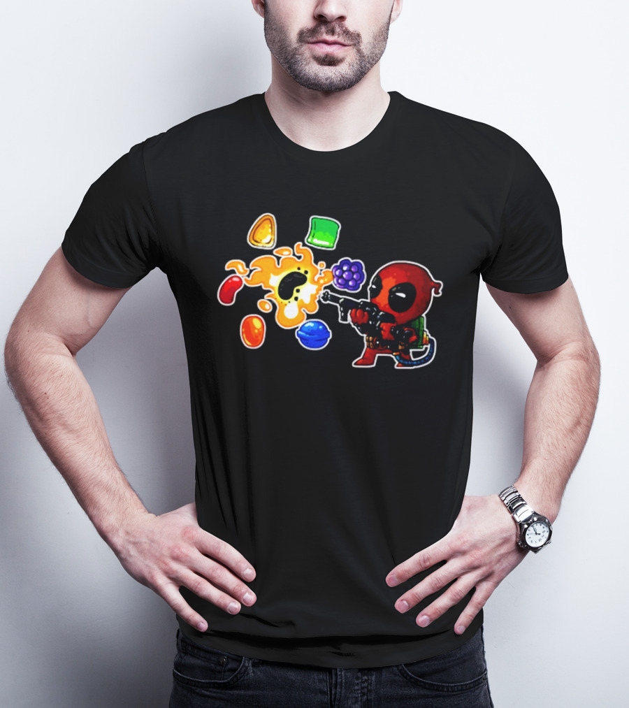 Deadpool Candy Explosion With Shooting Gun And Colorful Sweets T-Shirt