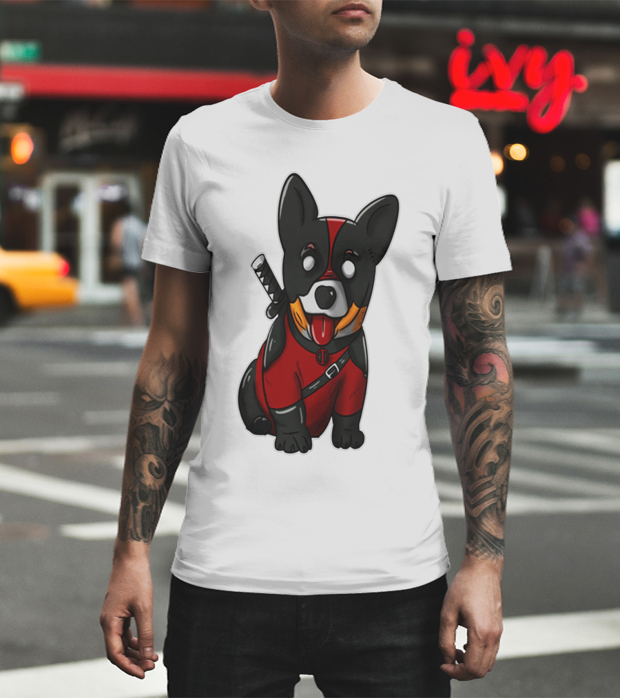 Corgipool Corgi Deadpool Merchandise Red Black Costume Sword Dog Iconic Character Image T-Shirt