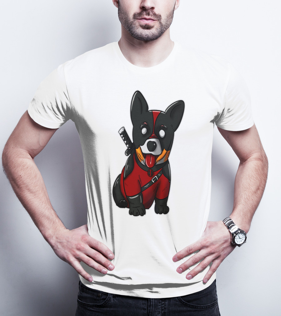Corgipool Corgi Deadpool Merchandise Red Black Costume Sword Dog Iconic Character Image T-Shirt