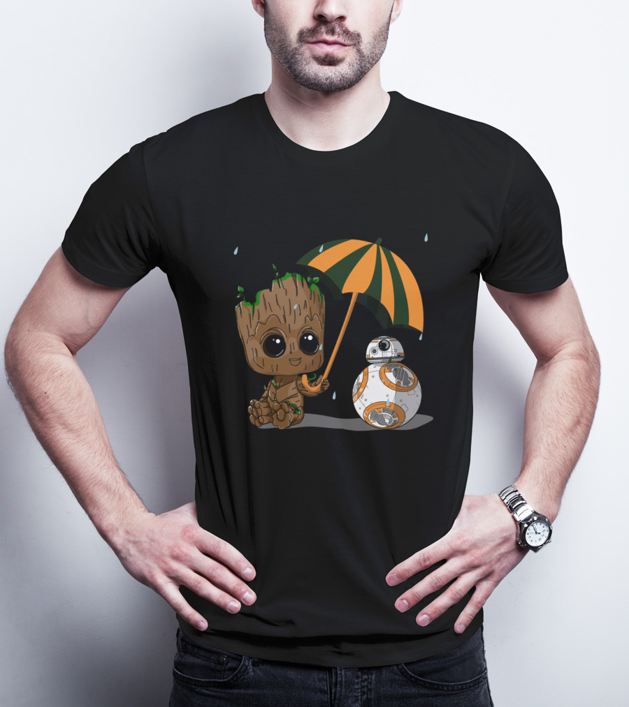 Groot And BB-8 Under Orange Green Umbrella With Raindrops T-Shirt