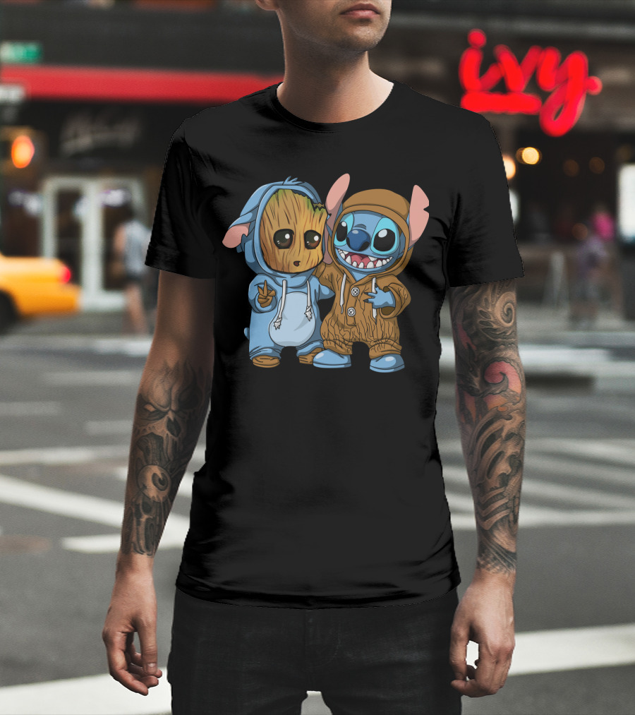 Adorable Groot And Stitch Crossover In Costume Friendship T-Shirt
