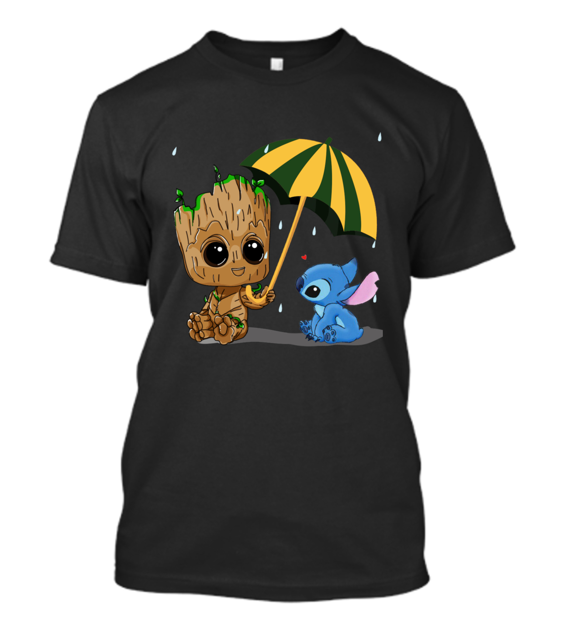 Groot And Little Stitch Friendship Under Umbrella With Raindrops And Heart T-Shirt