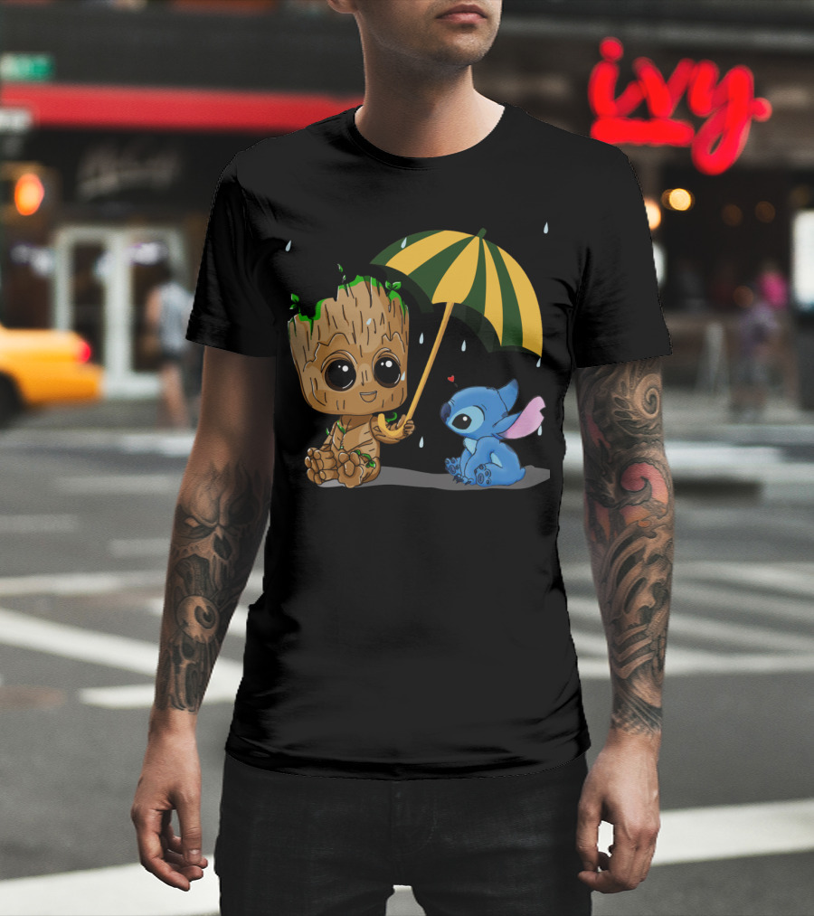 Groot And Little Stitch Friendship Under Umbrella With Raindrops And Heart T-Shirt