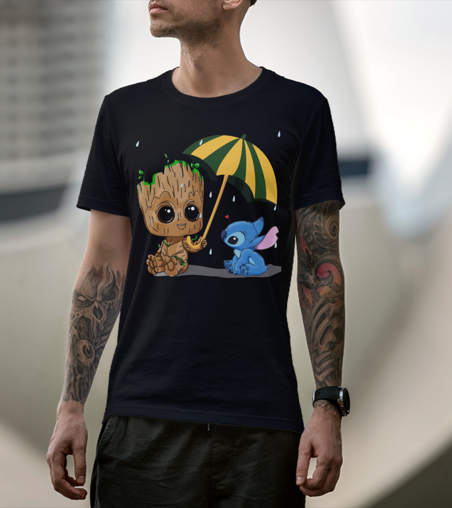 Groot And Little Stitch Friendship Under Umbrella With Raindrops And Heart T-Shirt