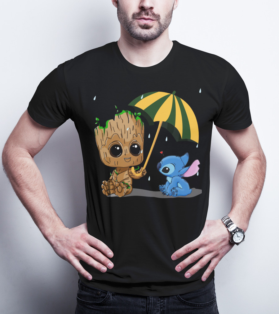 Groot And Little Stitch Friendship Under Umbrella With Raindrops And Heart T-Shirt
