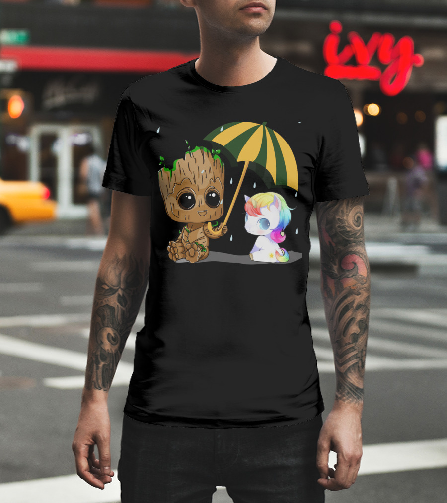Groot Holding Umbrella Sitting With Cute Rainbow Unicorn T-Shirt