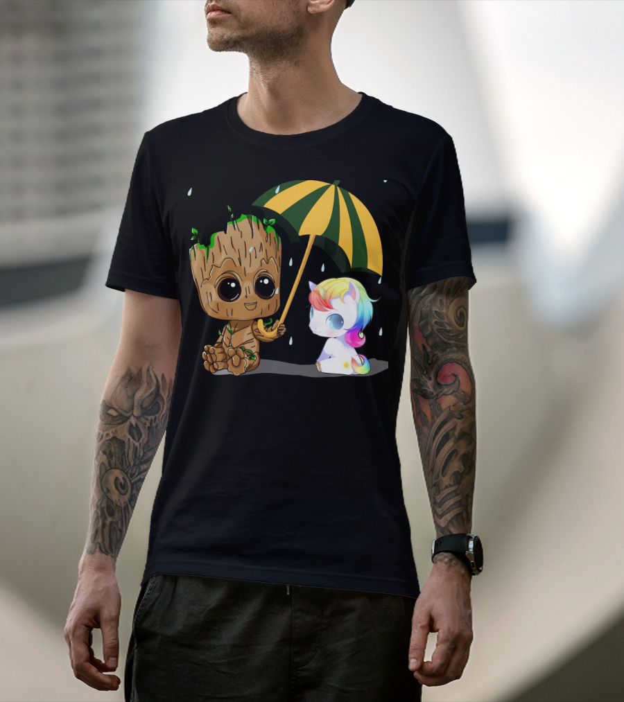 Groot Holding Umbrella Sitting With Cute Rainbow Unicorn T-Shirt