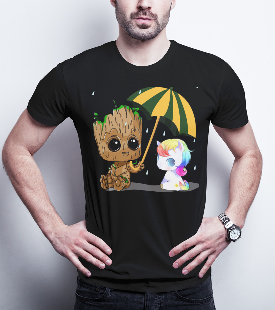 Groot Holding Umbrella Sitting With Cute Rainbow Unicorn T-Shirt