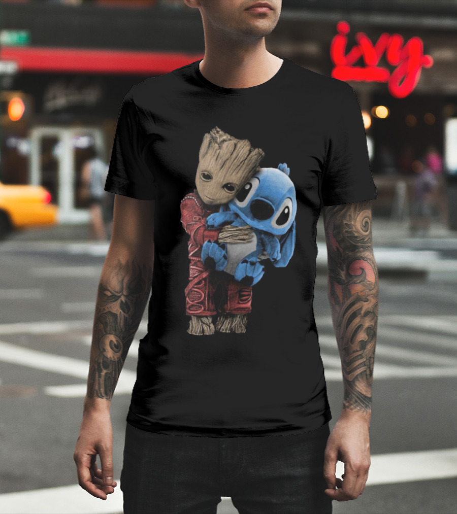 Groot And Baby Stitch Hugging Compilation Disney Marvel Crossover T-Shirt