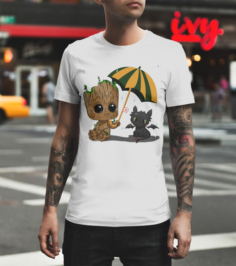 Groot And Little Hiccup Dragon Sharing Umbrella In The Rain T-Shirt