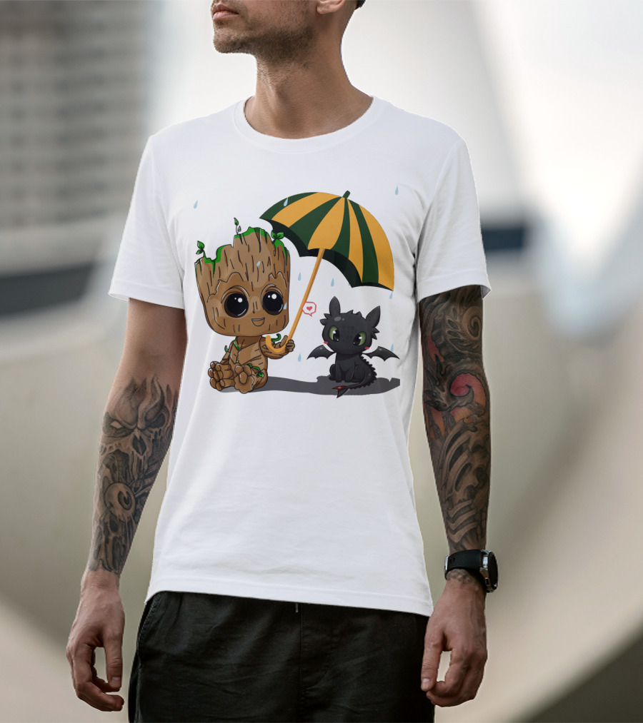 Groot And Little Hiccup Dragon Sharing Umbrella In The Rain T-Shirt