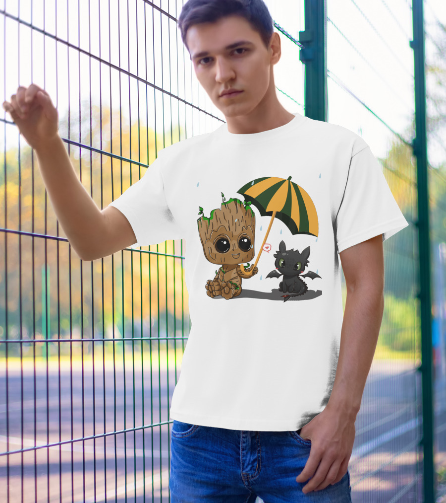 Groot And Little Hiccup Dragon Sharing Umbrella In The Rain T-Shirt
