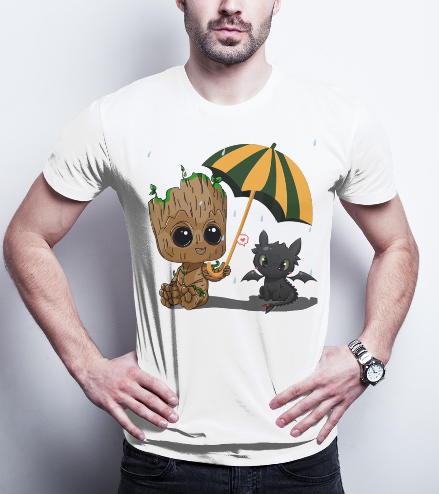Groot And Little Hiccup Dragon Sharing Umbrella In The Rain T-Shirt