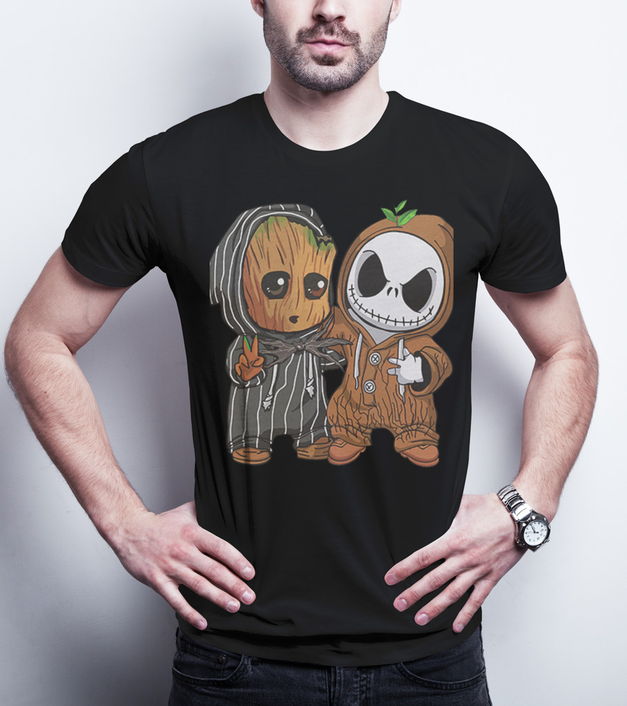 Groot In Striped Hoodie And Jack Skellington In Wood-Patterned Suit T-Shirt
